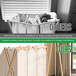 Ollieroo Laundry Hamper,150 Liters Collapsible Laundry Basket 3 Section,Large Capacity Bamboo Laundry Basket Sorter,Foldable X-Frame Dirty Clothes Hamper for Bedroom, Laundry Room, Bathroom,Beige