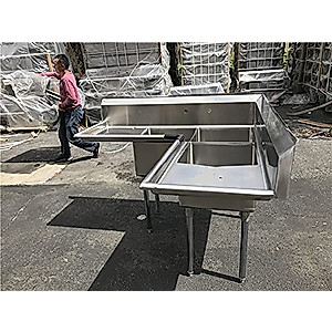 Commercial Kitchen Corner Sink 3 Compartment Stainless Steel NSF with Right and Left Drainboards，Splashboard