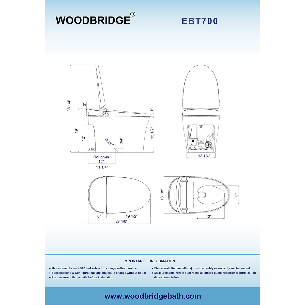 WOODBRIDGE Smart Bidet Toilet, Auto Open & Close, Auto Flush, Foot Sensor Operation, Heated Seat and Integrated Multi Function Remote Control in White,EBT 700