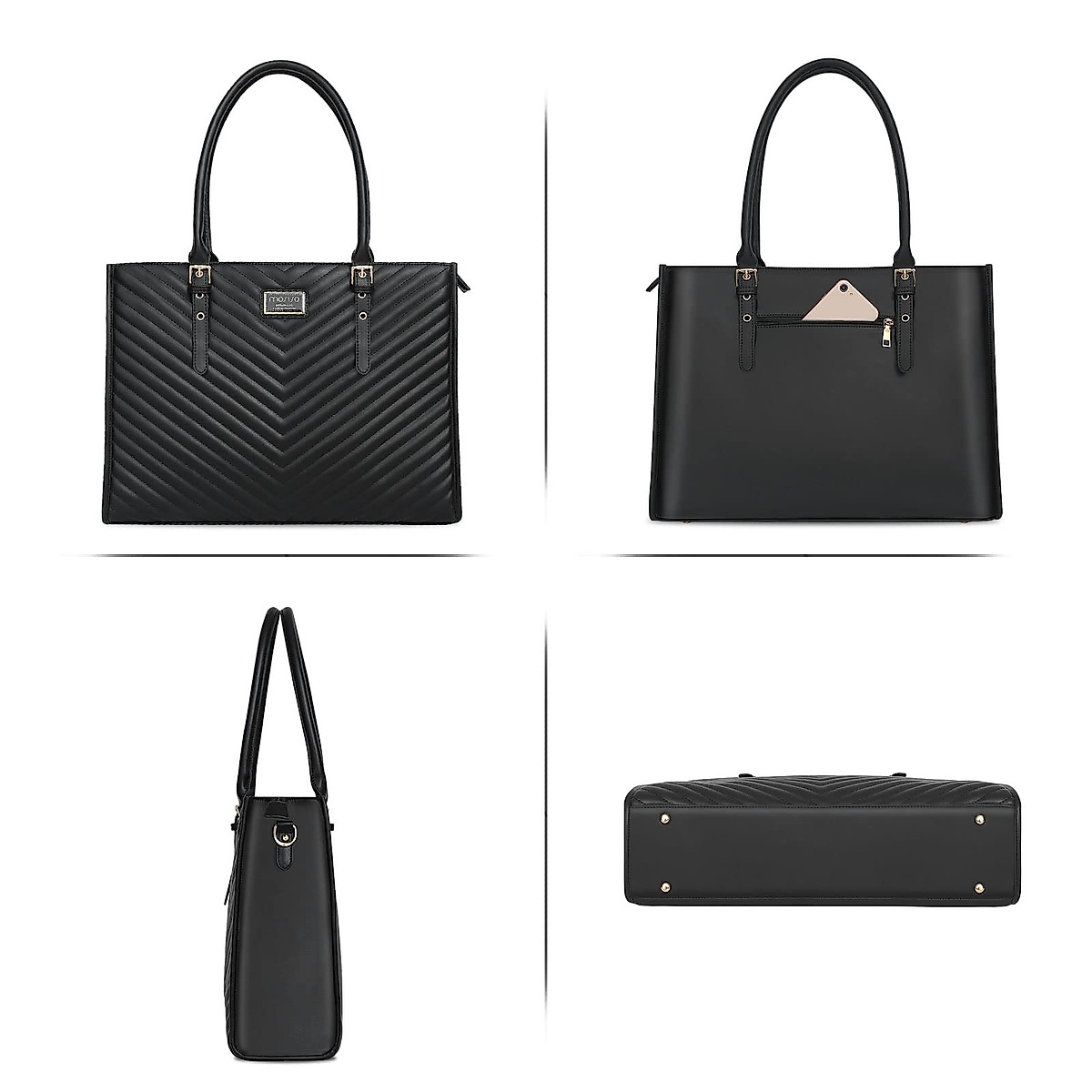 MOSISO Laptop Tote Bag for Women, 15.6 inch Computer Bag Compatible with MacBook, HP, Dell, Asus Notebook, 16 inch Large Capacity Quilted Leather Laptop Handbag with Clutch Purse, Black