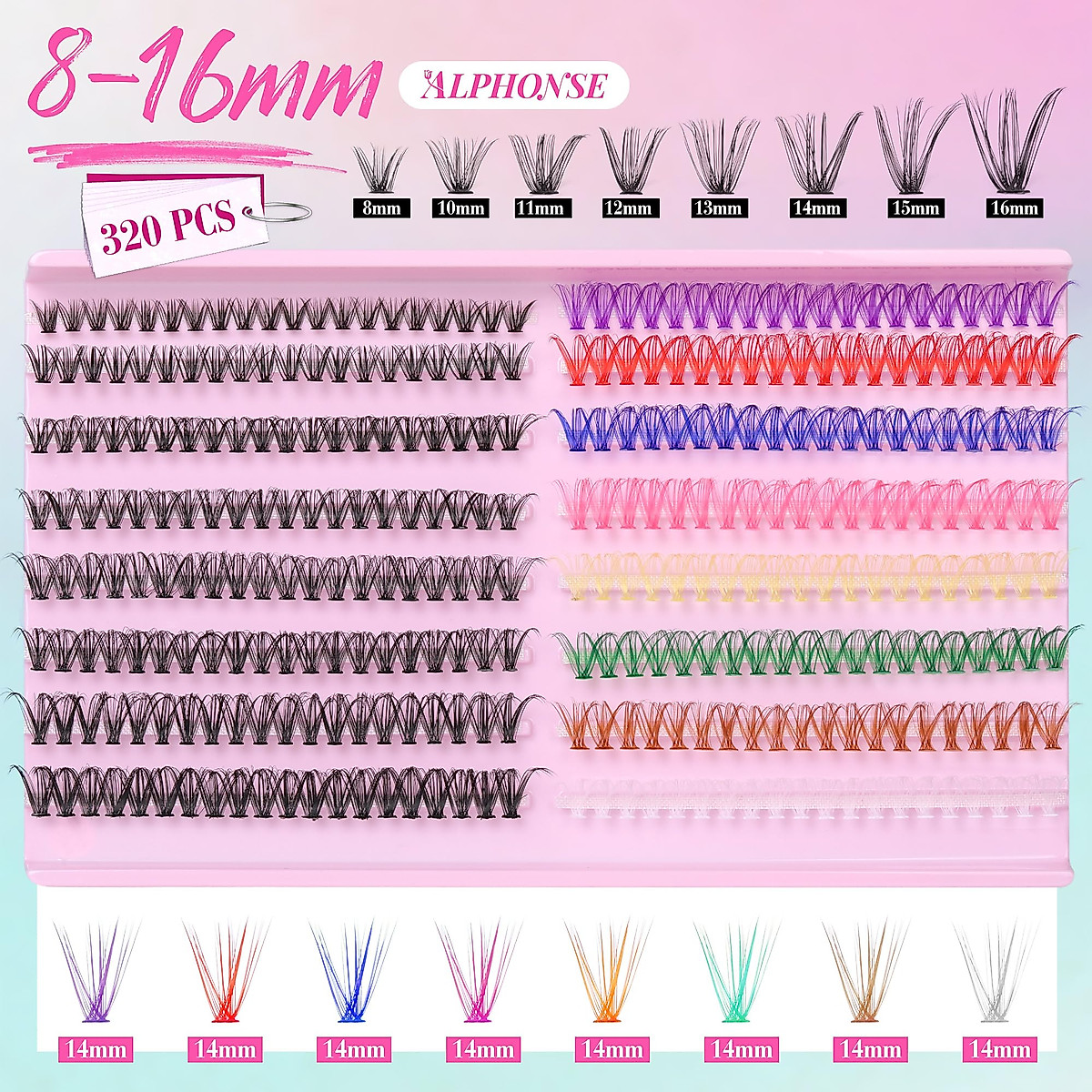 Individual Cluster Lashes 320Pcs Colored Lash CLusters DIY Eyelash Extensions 8-16mm D Curl Eyelash Clusters DIY at Home Lash Extension Fluffy Wispy Colored Lashes by ALPHONSE