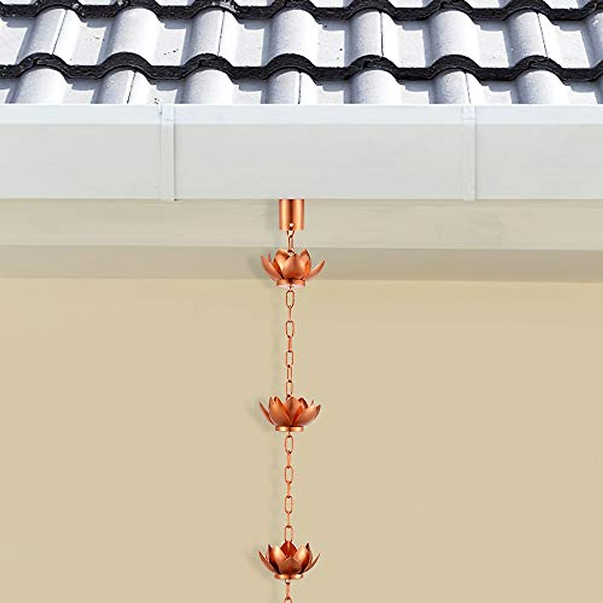 OAK LEAF Rain Chain Set, 8.5ft Copper Plated Rain Chain for Gutters with Adapter, Lotus Rain Chain Cups to Replace Gutter Downspout, Divert Water and Home Display, 12 Cups, Adjustable, Rose Gold