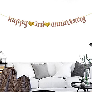 Rose Gold Glitter Happy 2nd Anniversary Banner, 2nd Wedding Anniversary Party Decorations Suppilies, Cheers to 2 Year Banner (2nd)