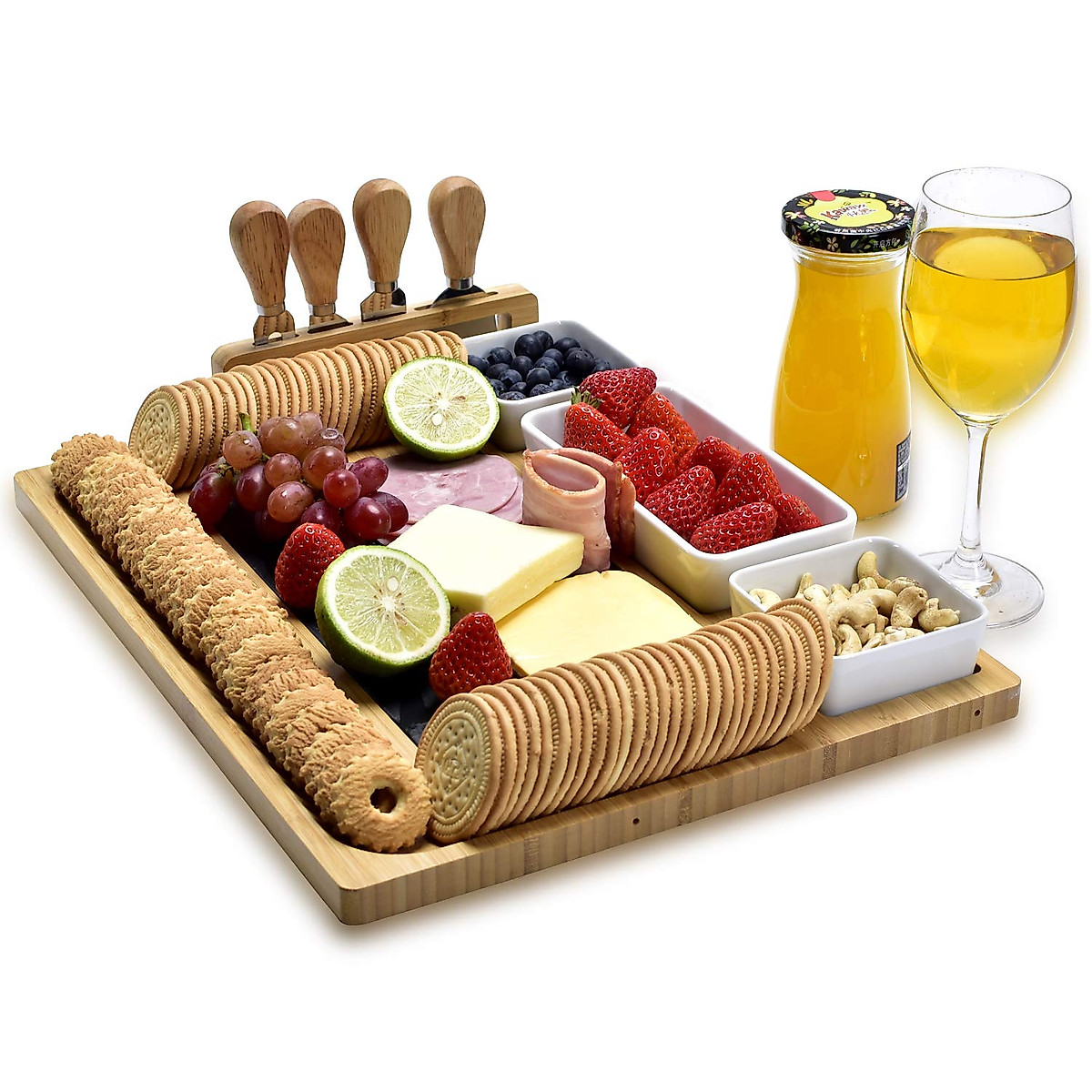 Bamboo cheese board and cheese knife set: large specialty dish board set and cheese platter - unique family warm keeping gift, new home, wedding anniversary and wedding gift, bride shower gift