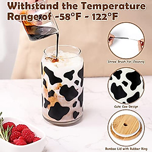 Nefelibata Cow Print Beer Can Glass with Bamboo Lid Metal Straw and Cleaning Brush 16oz Iced Coffee Cup Tumbler Glass Tea Milk Soda Cute Animal Mug Gifts for Cow Lovers Kitchen Bar Summer