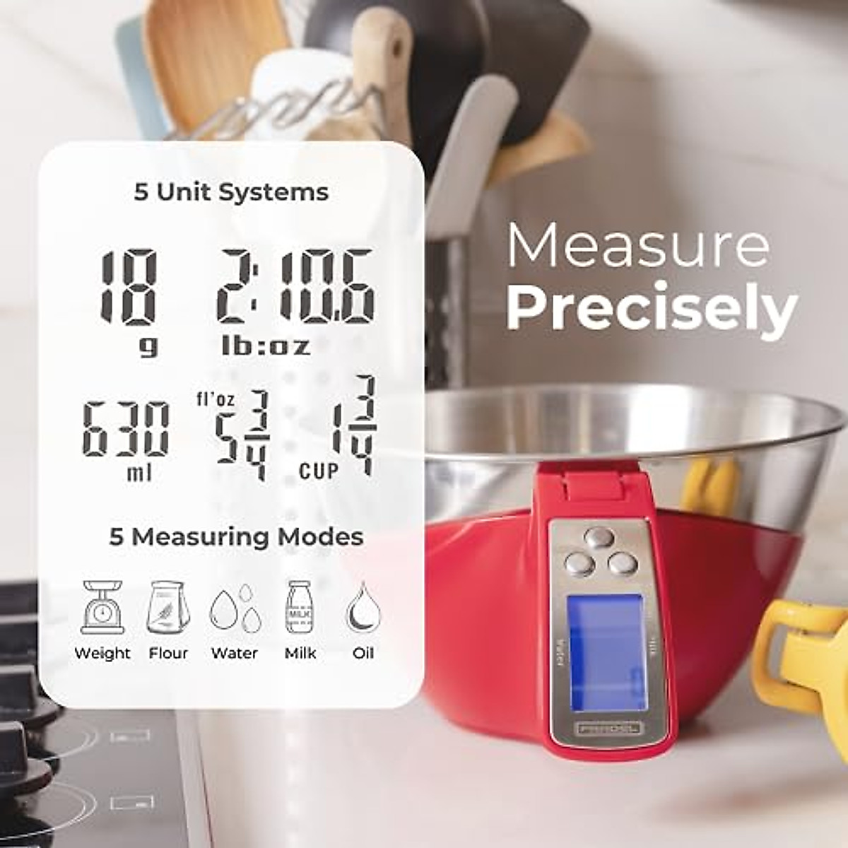 Fradel Digital Kitchen Food Scale with Bowl (Removable) and Measuring Cup - Stainless Steel, Backlight, 11lbs Capacity - Cooking, Baking, Gym, Diet - Precise Measuring (Red)