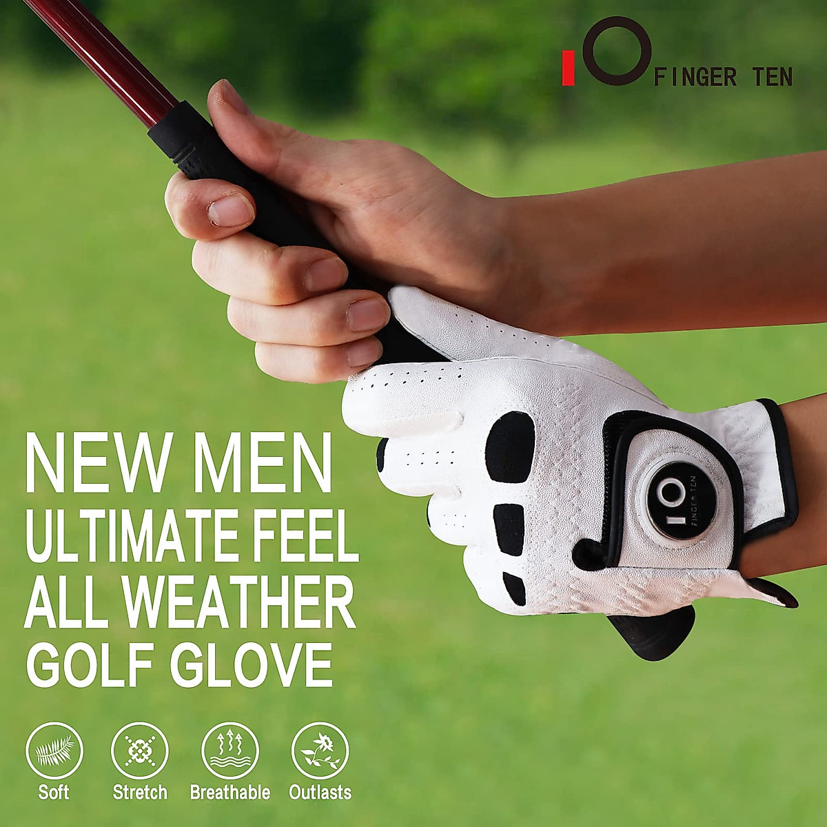 FINGER TEN Men’s Golf Glove Left Hand Right with Ball Marker Value 2 Pack, Weathersof Grip Soft Comfortable, Fit Size Small Medium ML Large XL (X-Large, Worn on Right Hand)