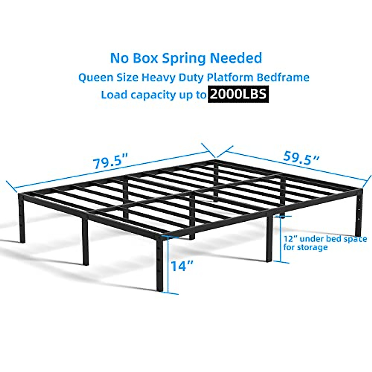 Meberam Queen Size Bed Frame 14 Inch Heavy Duty Metal Platform Bed Mattress Foundation Support No Box Spring Need, Black