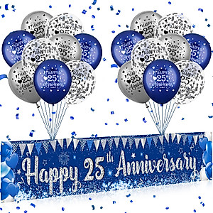 Blue Silver 25th Anniversary Decorations for Men Women, Blue Silver Happy 25th Anniversary Banner 18pcs Navy Blue 25th Anniversary Balloons for 25th Silver Wedding Anniversary Decoration Supplies