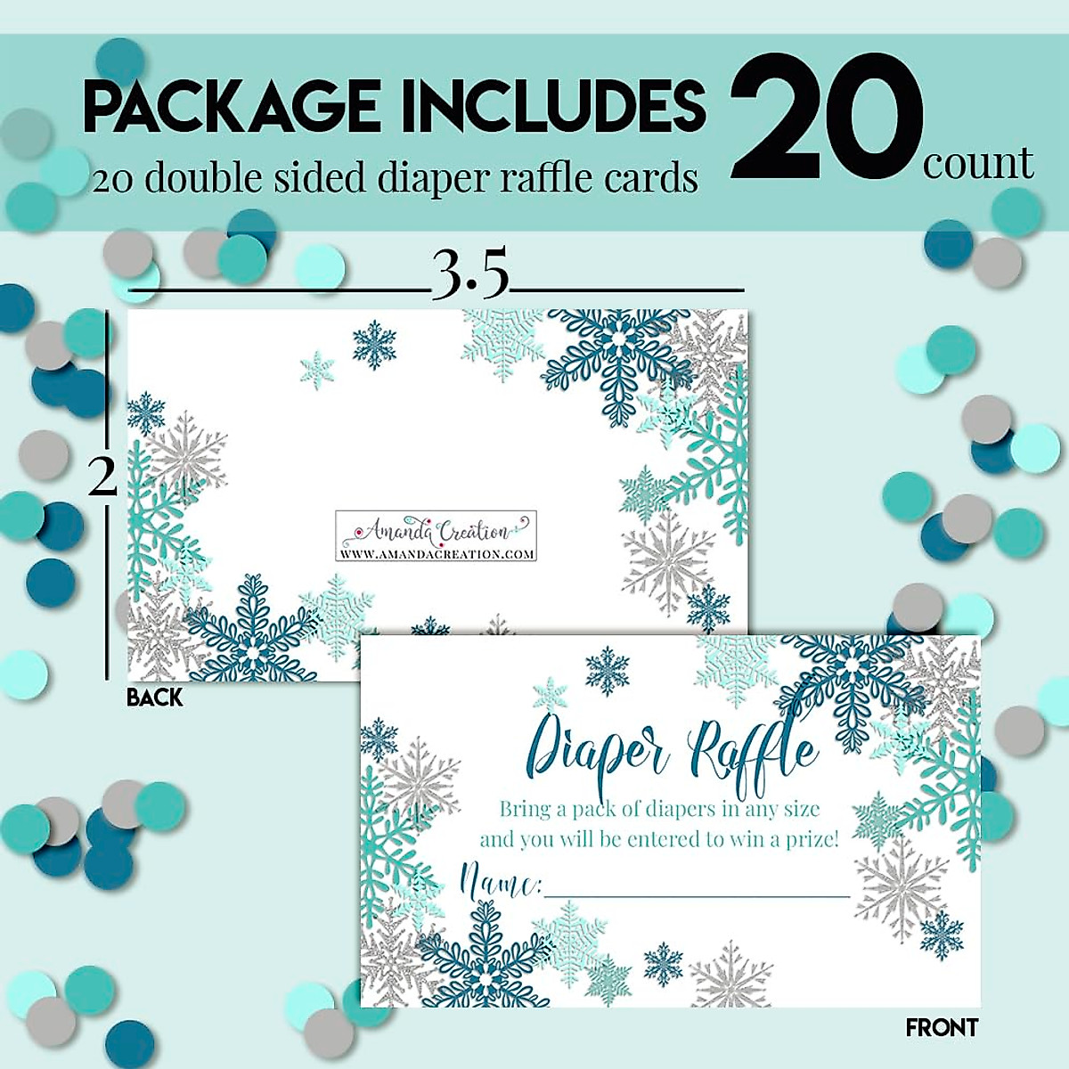 Amanda Creation Blue and Silver Snowflake Diaper Raffle Tickets for Boy Baby Showers, 20 2" X 3” Double Sided Insert Cards for Games, Bring a Pack of Diapers to Win Favors & Prizes!