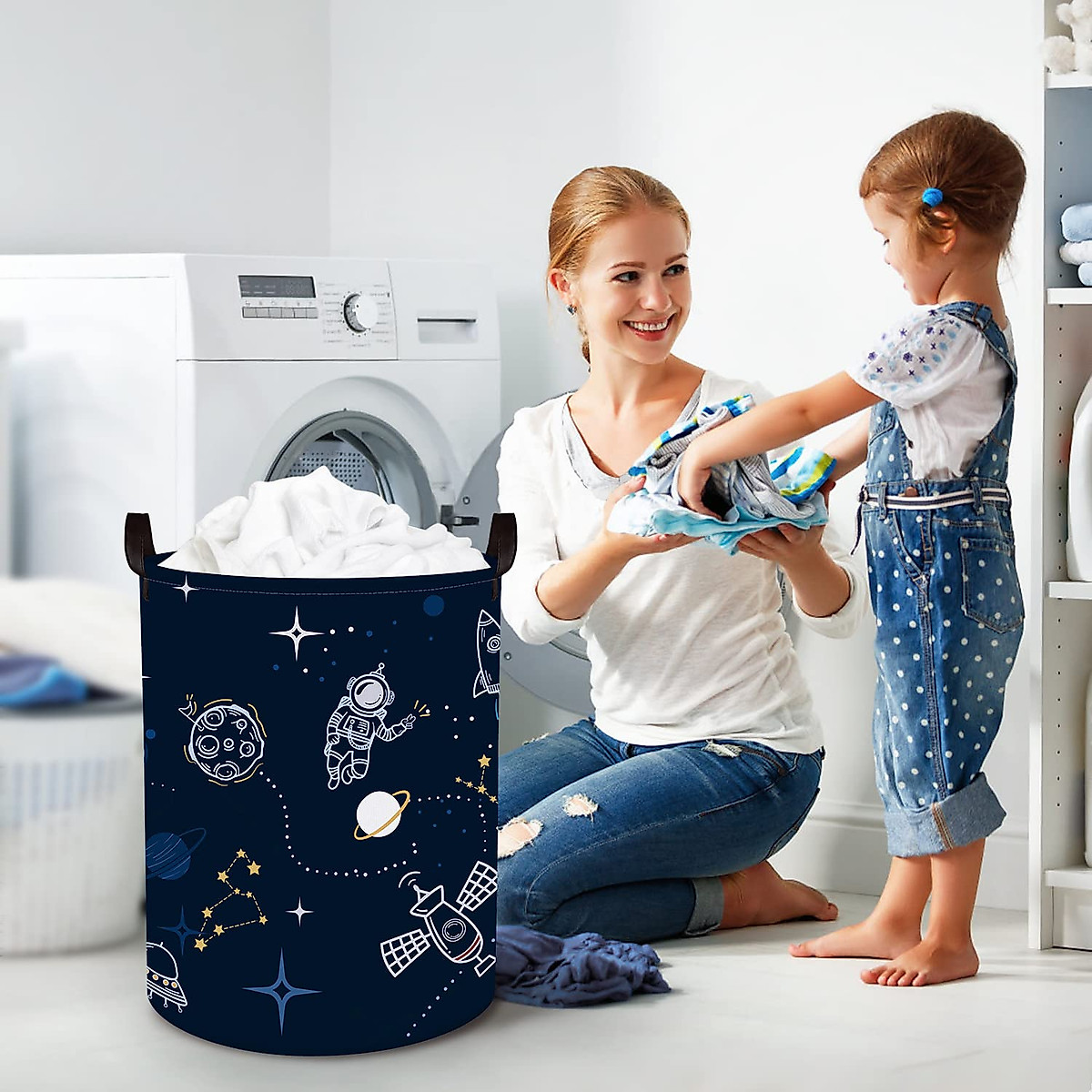Clastyle 45L Spaceships Rocket Astronaut Nursery Hamper Outer Space Planet Clothes Toys Storage Basket with Drawstring