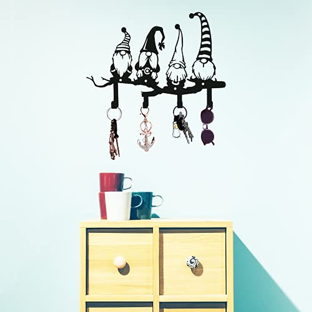 Gnome Gift Metal Key Holder for Wall Decorative, Gnome Key Rack Hanger Wall Mounted with 4 Hooks, Cute Gnome Décor for Entryway Key Cabinet Indoor Children Room