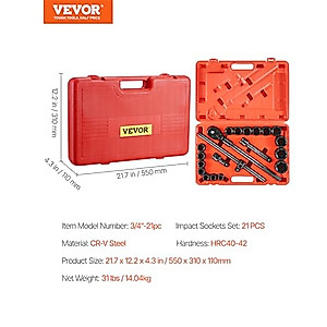 VEVOR Impact Socket Set 3/4 Inches 21 Piece Standard Impact Sockets, Socket Assortment 3/4 Inches Drive Socket Set Impact Standard SAE Sizes 3/4 Inches to 2 Inches Includes Adapters and Ratchet Handle