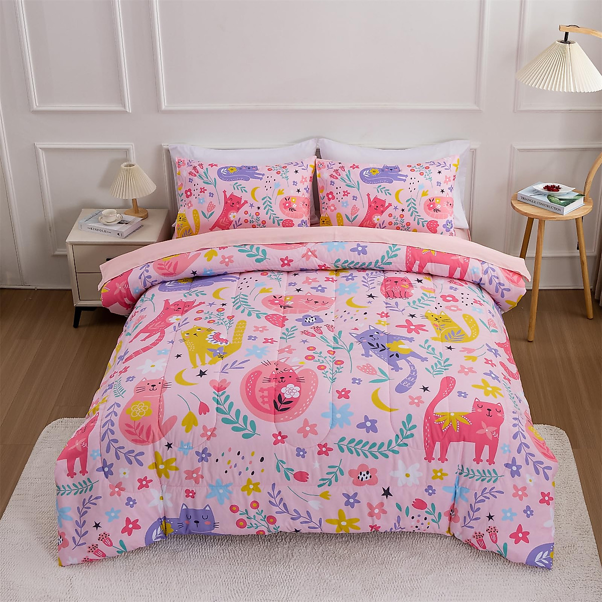 A Nice Night - for Kids Boys Floral Cats Printed on Pink Bedding Set,5Pcs Bed in A Bag Twin Size Comforter Set, Ultra Soft with Pillowcase (Pink)