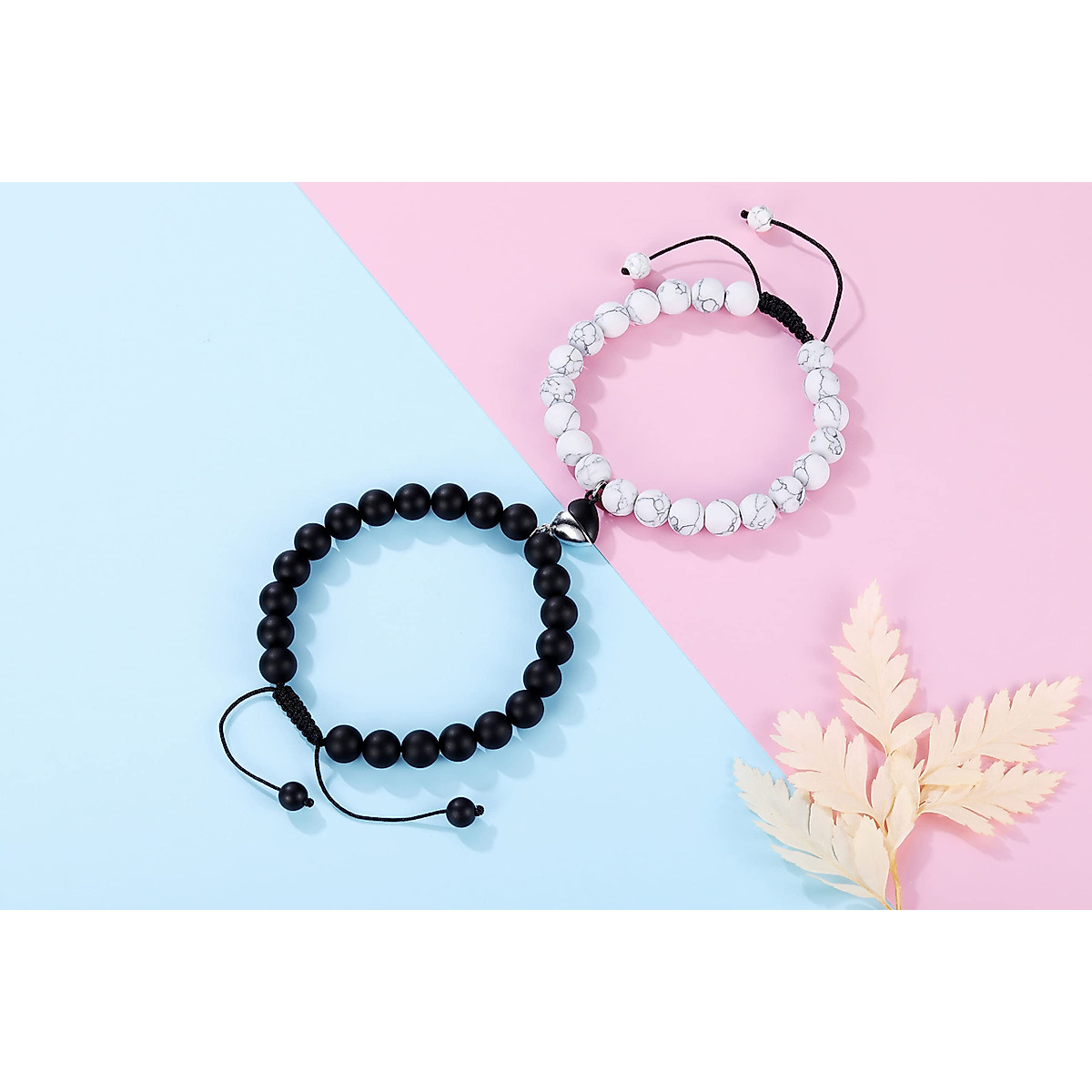 Top Plaza 2pcs Couples Bracelets Matching Heart Bracelets for Lover Healing Crystal Black Agate White Turquoise Bracelets for Couples Him & Her BF GF Valentine's Day Gifts