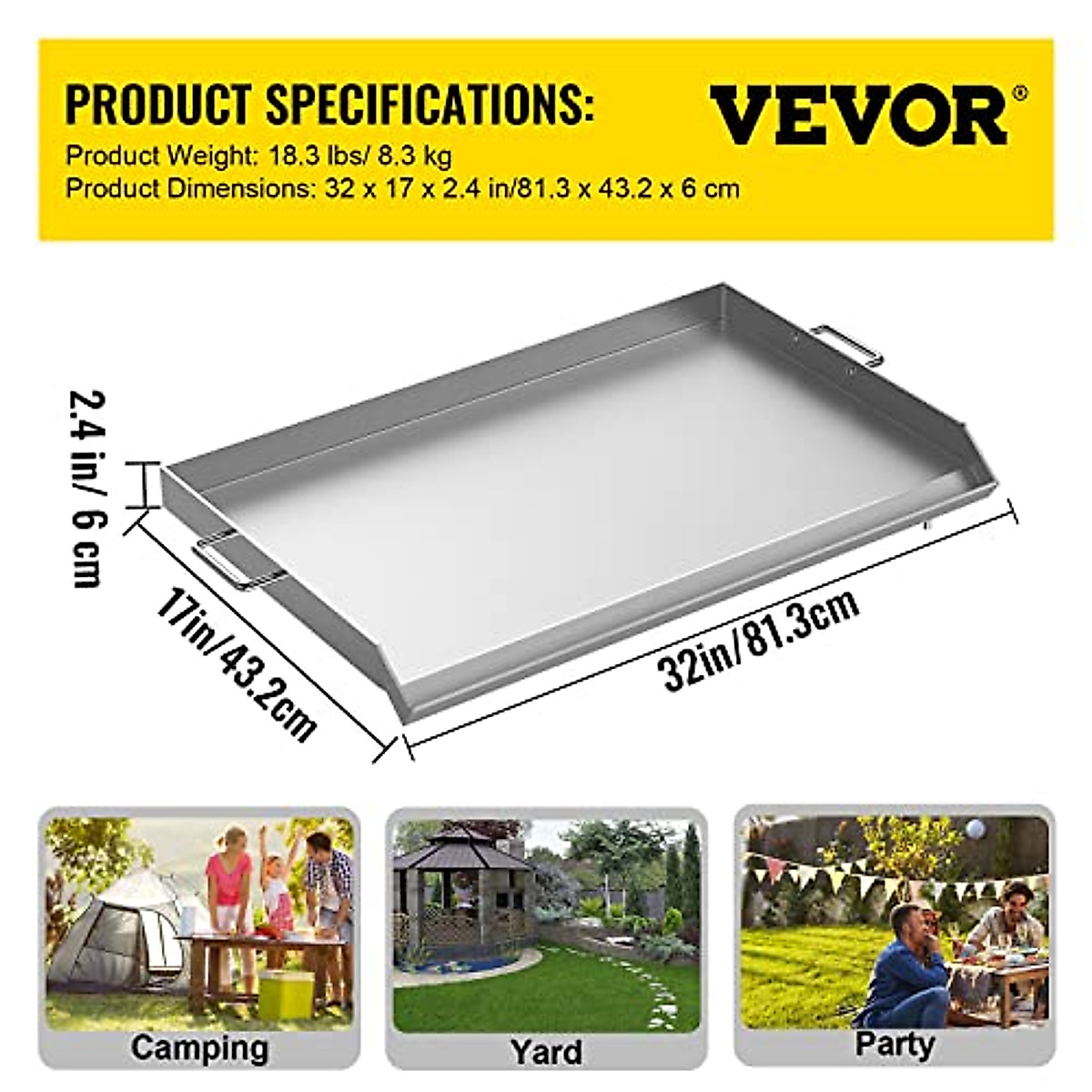 VEVOR Stainless Steel Griddle,32" X 17" Universal Flat Top Rectangular Plate, BBQ Charcoal/Gas Grill with 2 Handles and Grease Groove with Hole，Grills for Camping, Tailgating and Parties