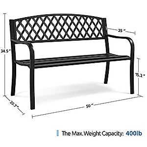 Yaheetech Outdoor Park Garden Bench Patio Porch Bench, Iron Metal Bench with Mesh Back and Slatted Seat for Yard, Front Porch, Backyard, Lawn, Path, Deck, Work, Entryway, Black