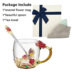 JLTPH Enamel Flower Glass Tea Cup, Clear Lead-Free Coffee Mugs with Spoon Cleaning Cloth, Tea Cup with Elaborate Handle for Women Birthday Valentines Wedding Day Mother's Day Gifts