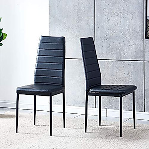 Set of 5 Dining Table Chair Set, Black Glass Square Dining Table and 4 Black Faux Leather Dining Chairs, Modern Dining Room Set with Metal Legs 5-Piece Kitchen Table Chair Set for Home Restaurant