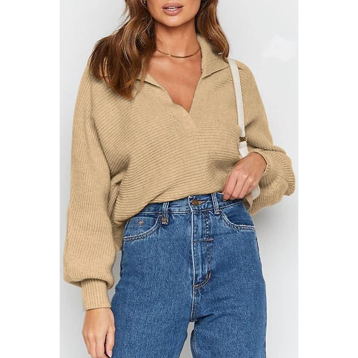 CHYRII Women Casual Overized Puff Long Sleeve V Neck Knitted Polo Pullover Sweater Jumper Tops Apricot S