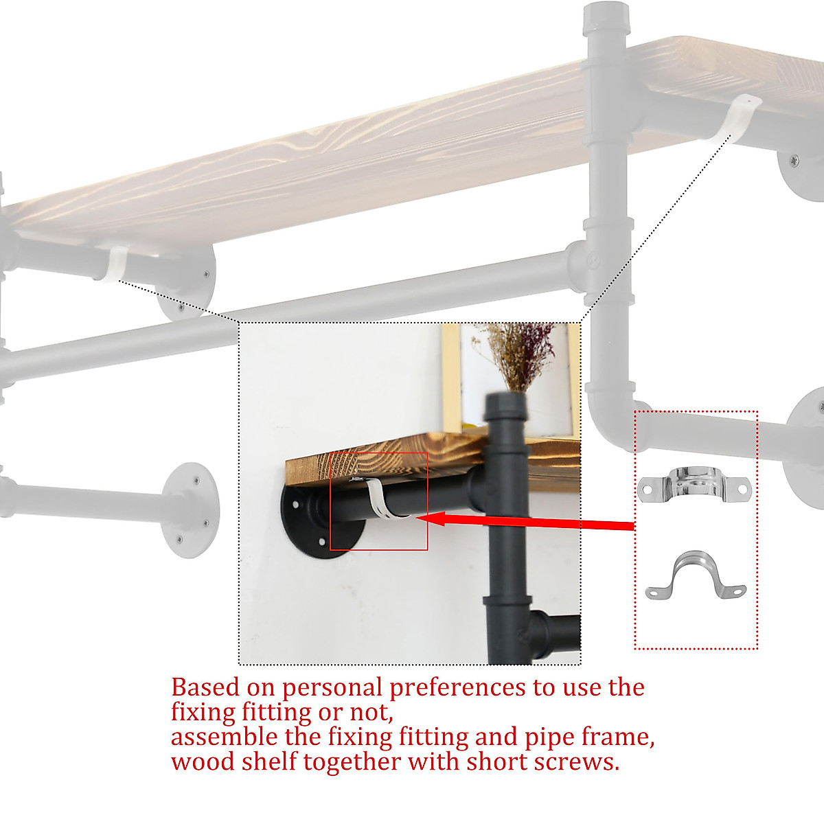 WEBI Wall Mounted Clothes Rack with Shelf,32" Industrial Pipe Clothing Rack with Shelves,Heavy Duty Iron Garment Rack Bar,Retail Display Clothes Rod for Clothes,Laundry Room,Black