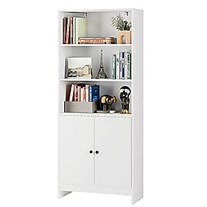 SHUANGZ 3 Tier Bookcase with Doors, 27.5 x 11.8 x 65.7 Inch Storage Organizer Cabinet with 3 Open Shelves, Tall Book Shelf Free Standing Floor Cabinet for Home Office, White