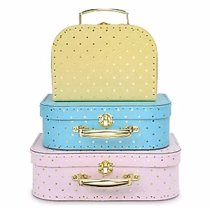 Jewelkeeper Paperboard Suitcases, Set of 3 Vintage Decorative Storage Box, Luggage Decor Storage, Vintage Decor for Birthday, Weddings, Pink, Blue, Yellow with Gold Polka Dots