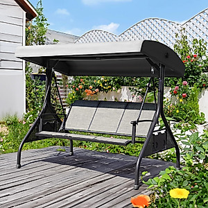 NOBLEMOOD Outdoor Patio Swing with Adjustable Canopy, 3 Seat Outdoor Porch Swing with Cup Holders, Waterproof Textilene Swing Chair for Adults Backyard Garden Patio