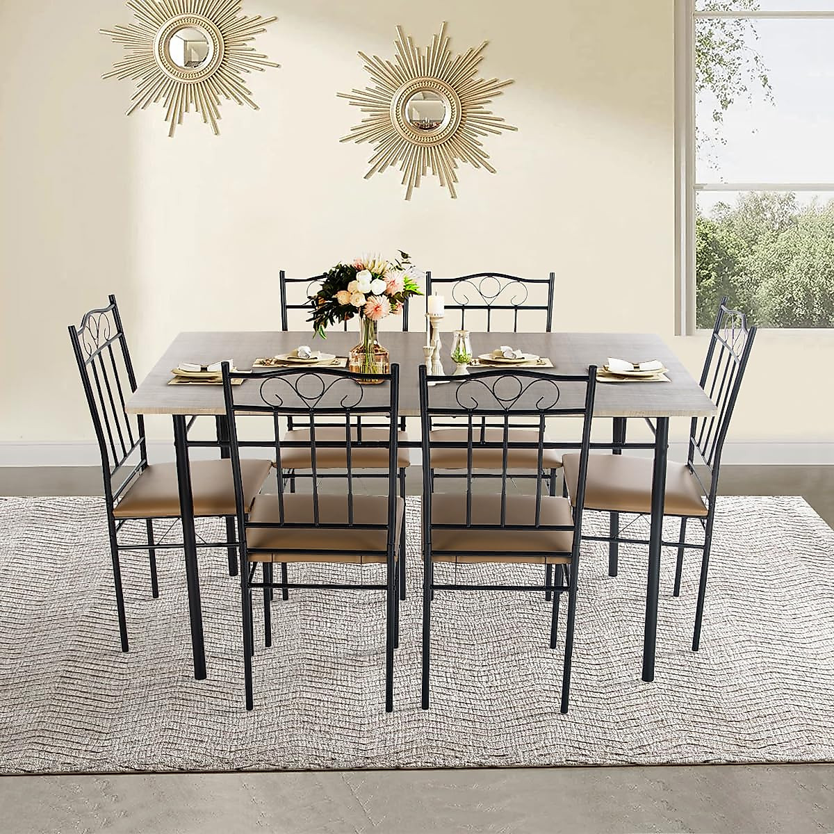 Dining Table Set for 6, Kitchen Table and Chairs for 4-6 People, 7 Piece Kitchen Table Sets, Rectangular Dining Room Table Set with 6 PU Leather Chairs, Beech/Brown