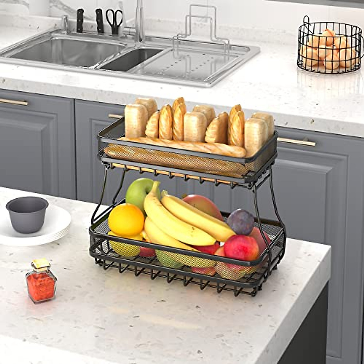 CHLORYARD 2 Tier Fruit Basket Countertop for Kitchen, Vegetable Bread Basket Fruit Bowl Storage Stand Detachable Metal Rectangular Wire Basket 14-Inch Antique Black