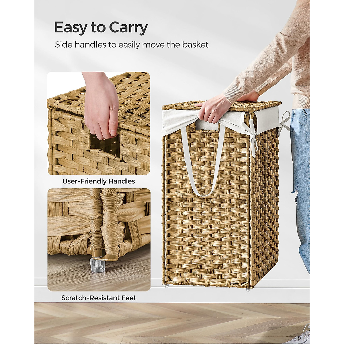 SONGMICS Laundry Hamper with Lid, 23.8 Gallon (90 L) Synthetic Rattan Clothes Laundry Basket with Lid and Handles, Foldable, Removable Liner, Goose Yellow ULCB51NL