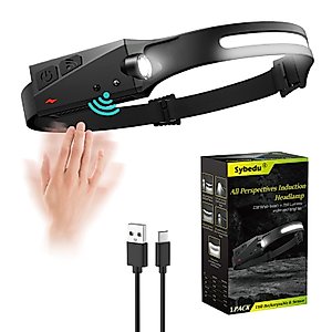 LED Rechargeable Headlamp,2.47oz Lightweight Headlight, 230° Illumination Motion Sensor Head lamp Flashlight, 5 Modes for Outdoor Camping,Running,Cycling,Fishing (1 pcs)