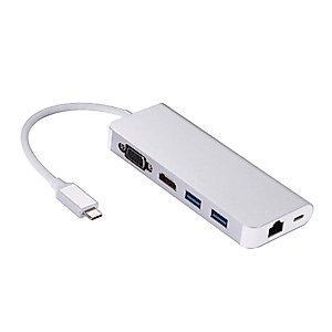 Jiali USB-C 4K Hub Converter USB 3.0 Hubs 6 in 1 Type C Hub Type-C to HDMI VGA RJ45 Dual USB3.0 PD Charging Port Adapter Cable Converter for Laptop MacBook(Silver) (Color : Silver)