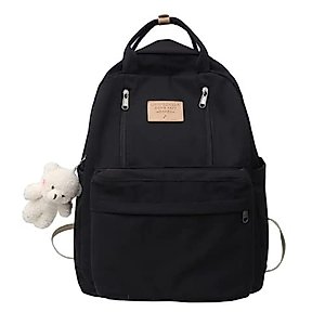 MININAI Preppy Backpack with Plushies Cute Backpack Light Academia College Backpack Solid Aesthetic Rucksack for Travel (One Size,Black)