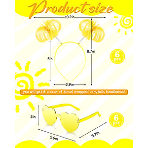 12 Pcs Tinsel Wrapped Ponytails Headband with Heart Shape Sunglasses Costume Party Faux Feather Headwear Bopper for Festival(Yellow)