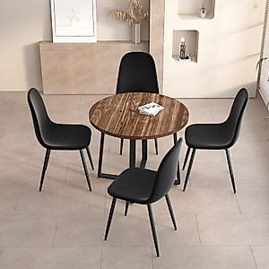 INO Design Modern 35'' Walnut Wooden Round Dining Table Set for 4 - Space Saving, Leisure Coffee Kitchen Dinette, Sturdy Black Metal Legs - Ideal for Small Apartment, Home, or Restaurant (Table Only)