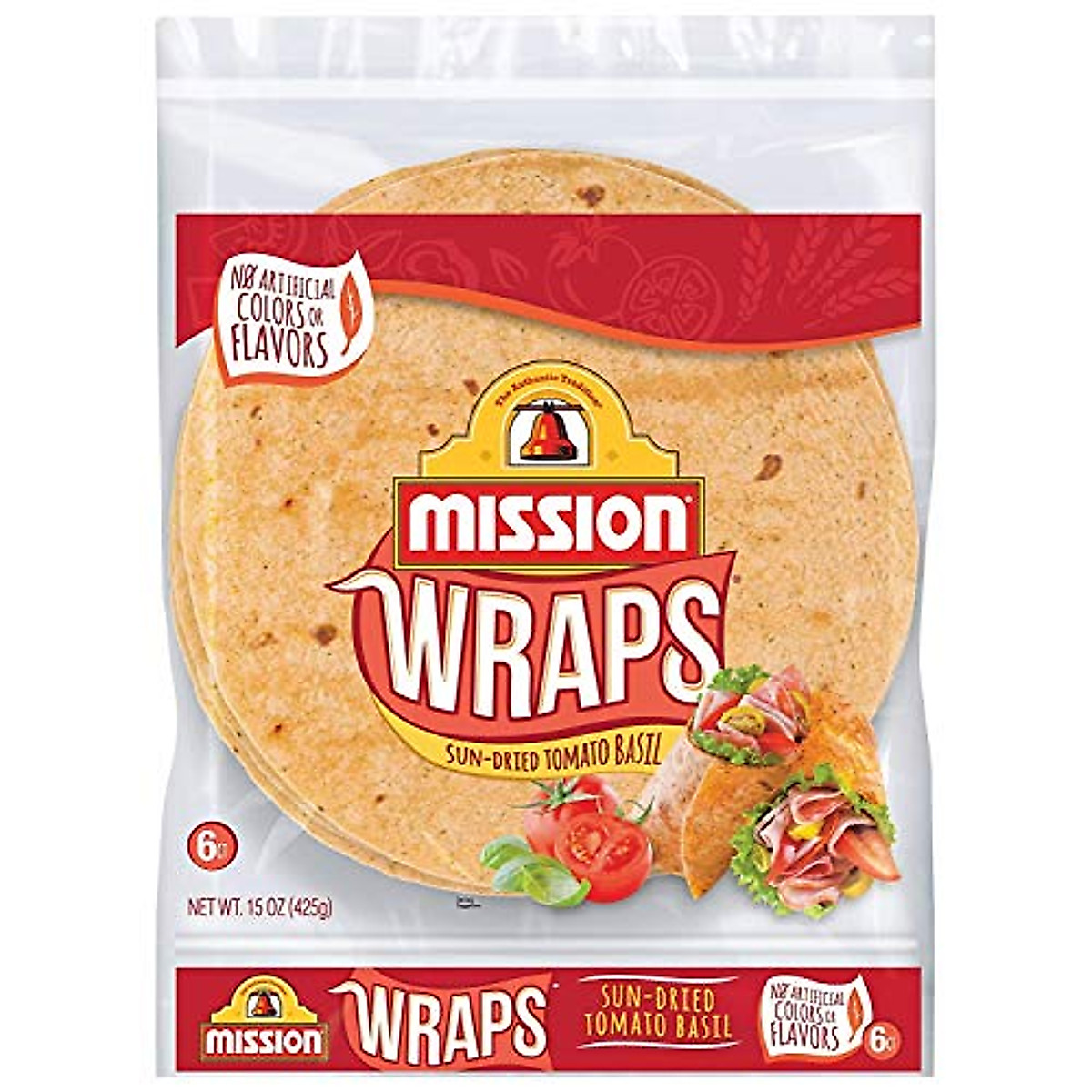 Mission Sun-Dried Tomato Basil Wraps, Soft Veggie Wraps, Trans Fat Free, 6 Count - 2 Packs