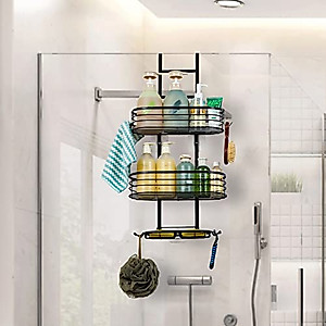 Fogein Over the Door Shower Caddy, 3 Tier Hanging Organizer Shelf Rustproof, Shower Basket with Suction Cup, Bathroom Shower Caddy Over The Door with Hook & Soap Box, No Drilling(Black)
