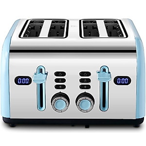 Toaster 4 Slice, REDMOND Wide Slots Retro Stainless Steel Toasters with LED Digital Countdown Timer Display, Dual Independent Control Panel, Reheat Defrost Cancel Function, High Lift Lever, Blue