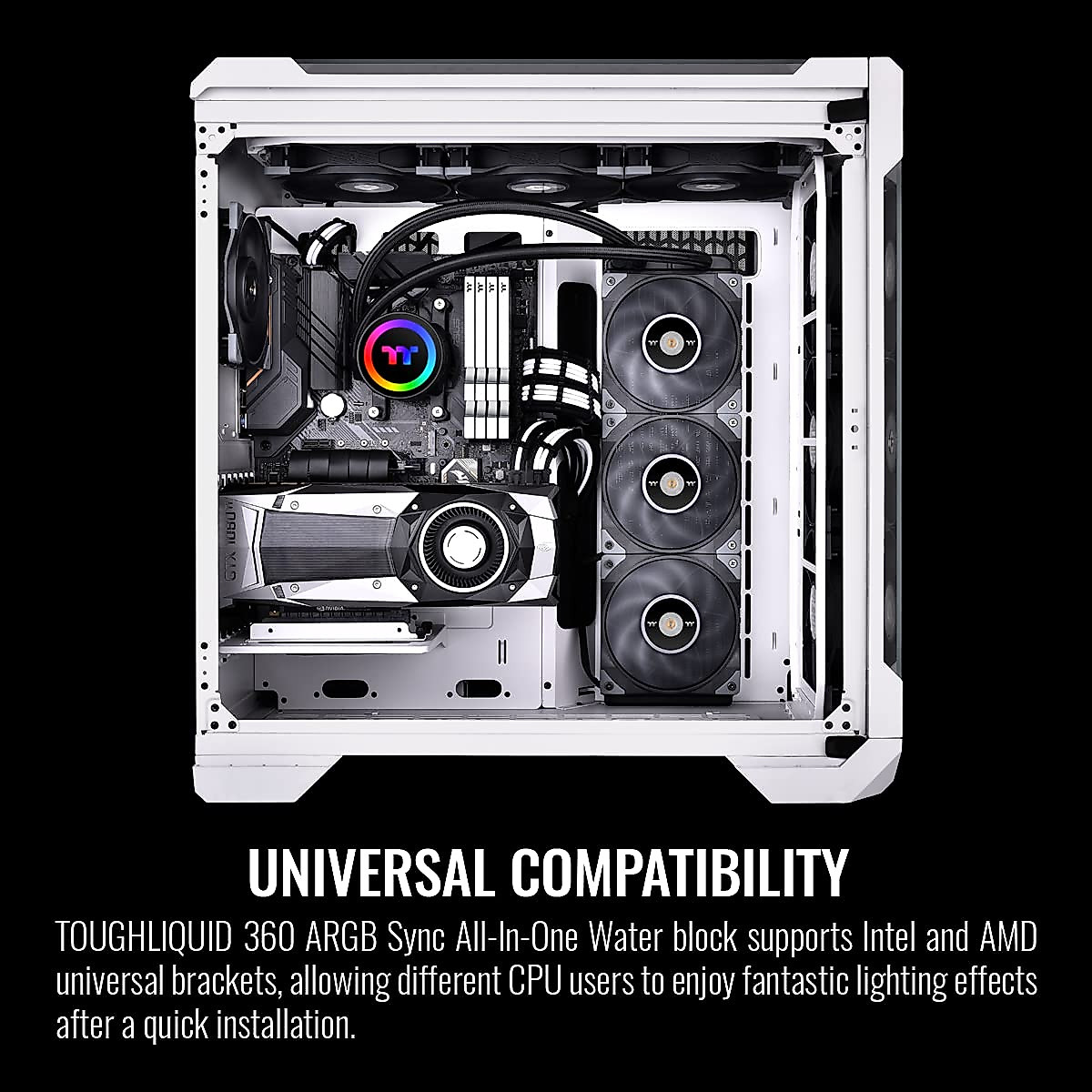 Thermaltake TOUGHLIQUID 360 ARGB Motherboard Sync All-in-One Liquid CPU Cooler, AMD (AM4) / Intel (LGA 1200), 360mm High Efficiency Radiator CL-W321-PL12BL-A, Black