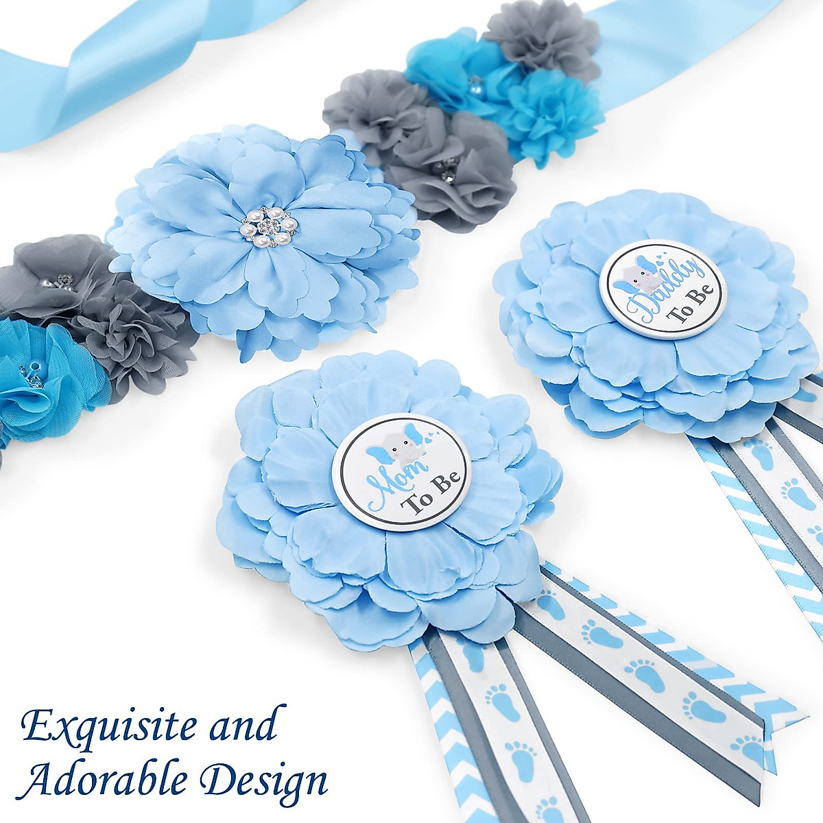 Blue Elephant Maternity Sash Mom to Be & Daddy to Be Corsage Set Blue and Gray Flower Belly Belt Blue Belly Sash Corsage Blue Little Peanut Theme Baby Shower Maternity Photography Keepsake