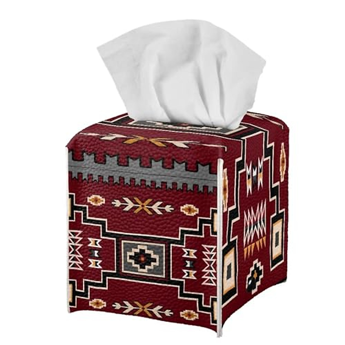 Gearider PU Leather Tissue Box Holder, Brown Aztec Tribal Modern Square Tissue Box Cover Decorative Paper Facial Case Dispenser for Bathroom, Office, Car, Home Decor
