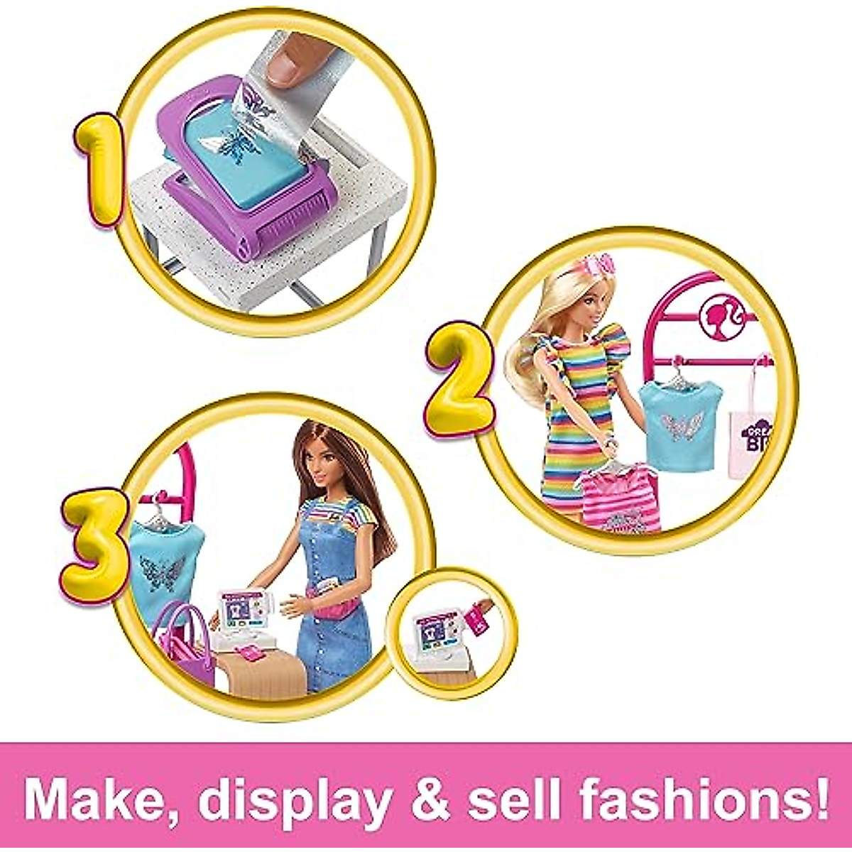 Barbie Doll & Accessories, Make & Sell Boutique Playset with Display Rack, Create Foil Designs Medium