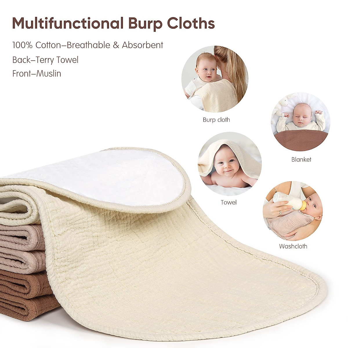 lulumoon Muslin Burp Cloths Sets - Large Cotton Burping Cloth Super Soft and Absorbent for Baby Boys and Girls 6pack (Brown)