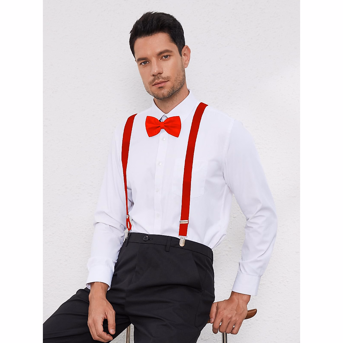 habibee Solid Color Mens Suspender Y Shape with Strong Clips Adjustable Braces