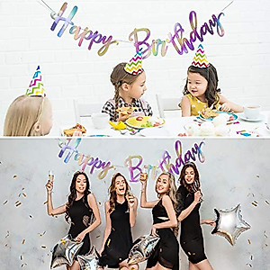 Tatuo Shiny Happy Birthday Banner Sign Iridescent Happy Birthday Banner Changeable Birthday Decoration Garland Bunting Banner, Iridescent Baby Shower Birthday Party Favor Supplies(Silver)