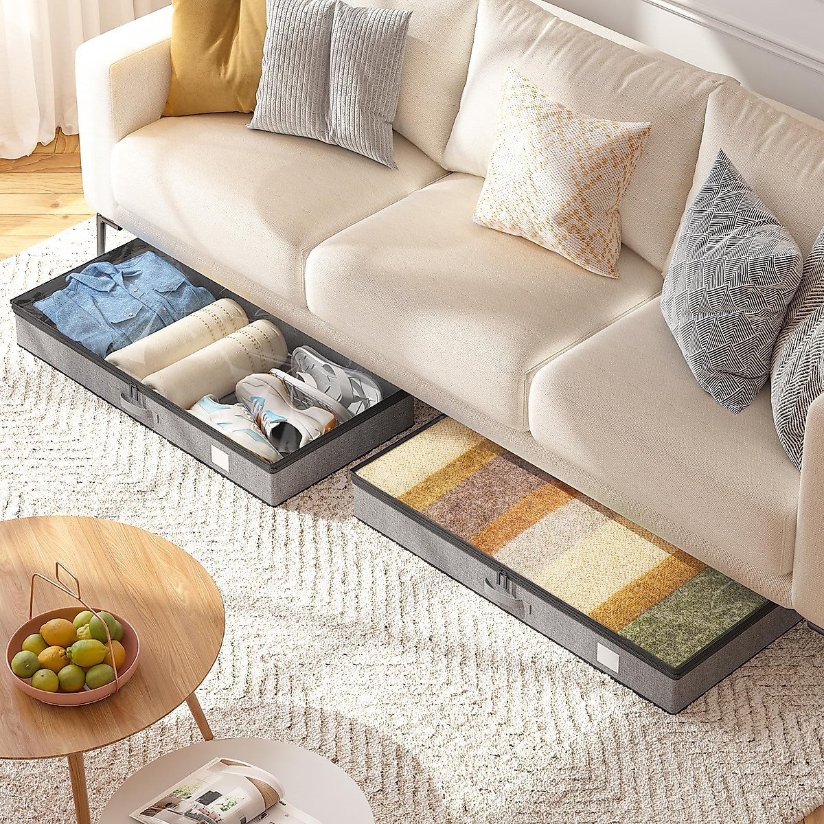 Fixwal 4 Pack Underbed Storage Containers, Below 4.5 Inches Low Profile Under Bed Organizer Clothes Storage Bins with Sturdy Sidewalls and Bottom