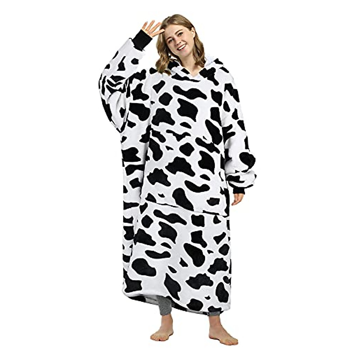 Catalonia Cow Print Full Body Blanket Hoodie Sweatshirt, Extra Long Oversized Comfortable Sherpa Lounging Pullover for Adults, Gift for Her