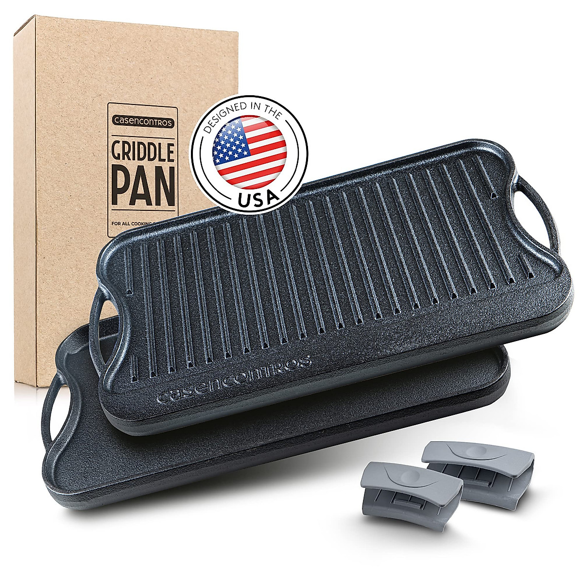 Casencontros - Cast Iron Griddle Pan for Stove Top [2 in 1 Reversible] - Pre-Seasoned Stove Top Griddle with Handles [17 x 9.8in] - Multi Use Grill Pan with Silicone Handles - Stove Top Griddle