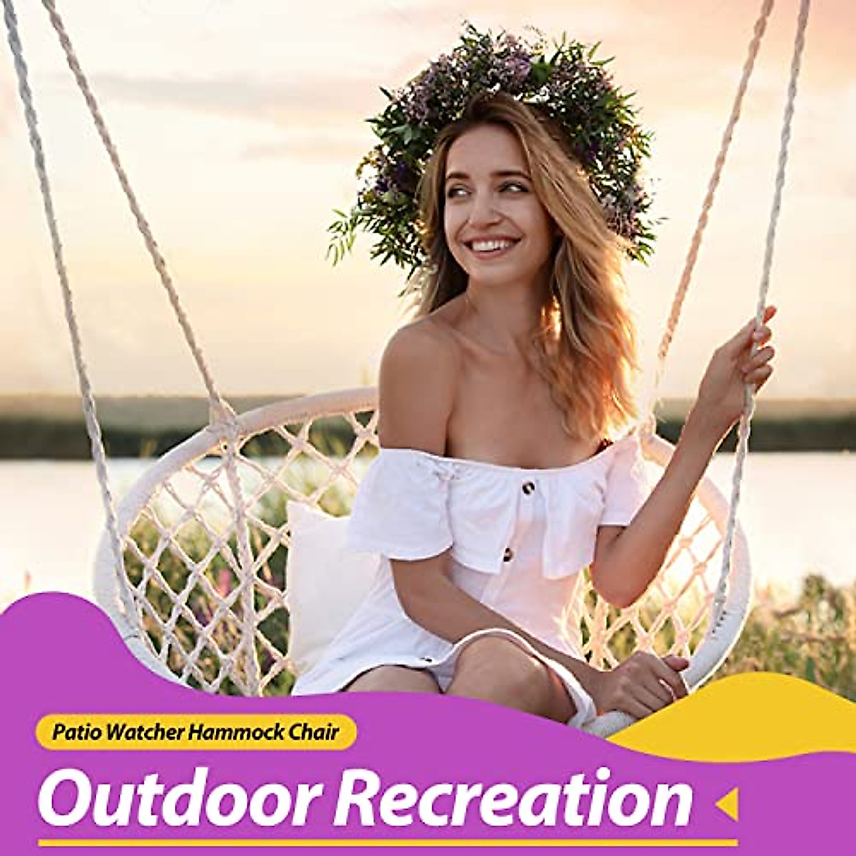 Patio Watcher Hammock Chair Hanging Macrame Swing with Cushion and Hardware Kits, Max 330 Lbs, Handmade Knitted Mesh Rope Swing Chair for Indoor, Outdoor, Bedroom, Patio, Yard, Deck, Garden, Beige